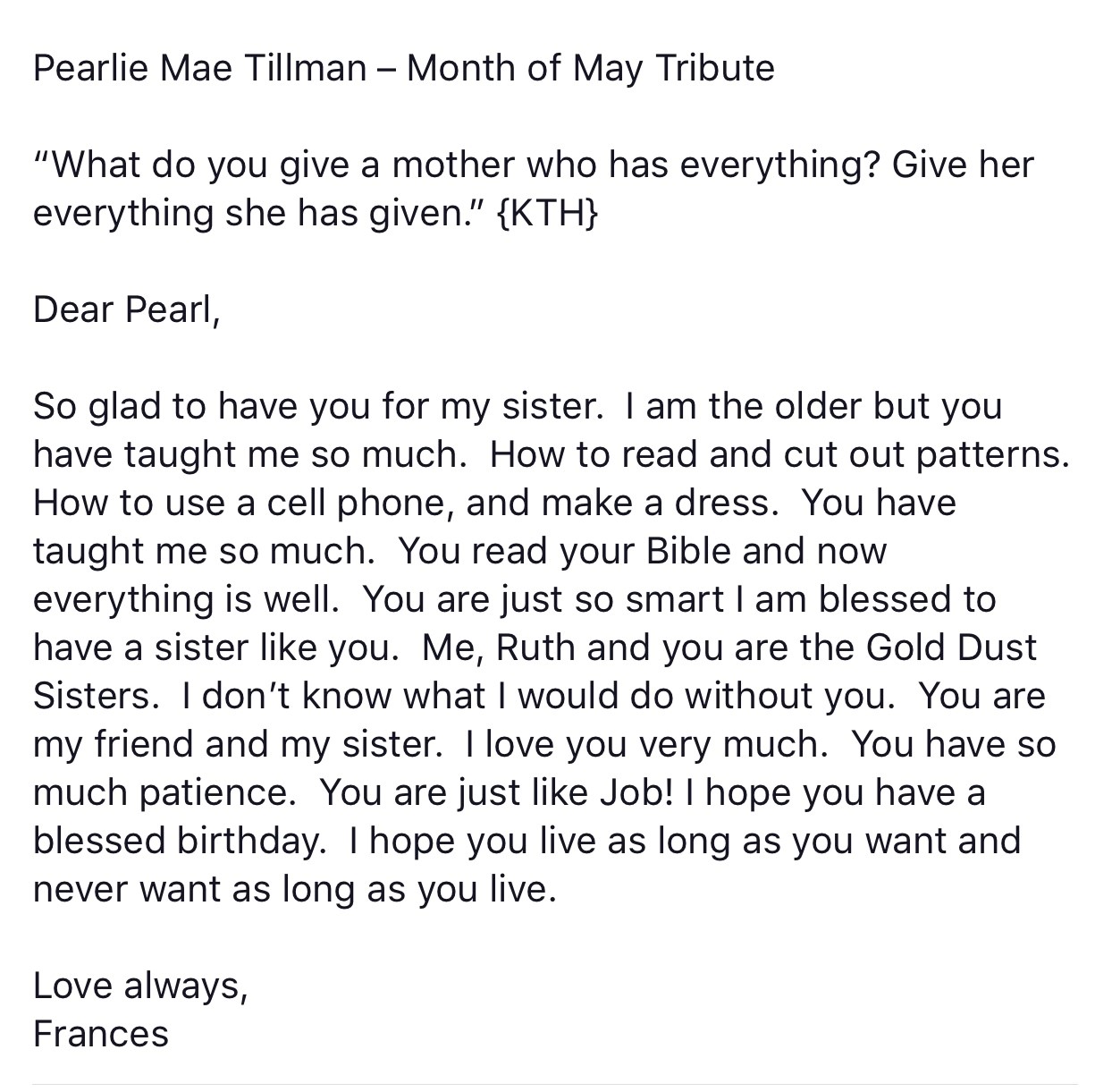 A Sister’s Love and My Mom – A Thomas Point of View